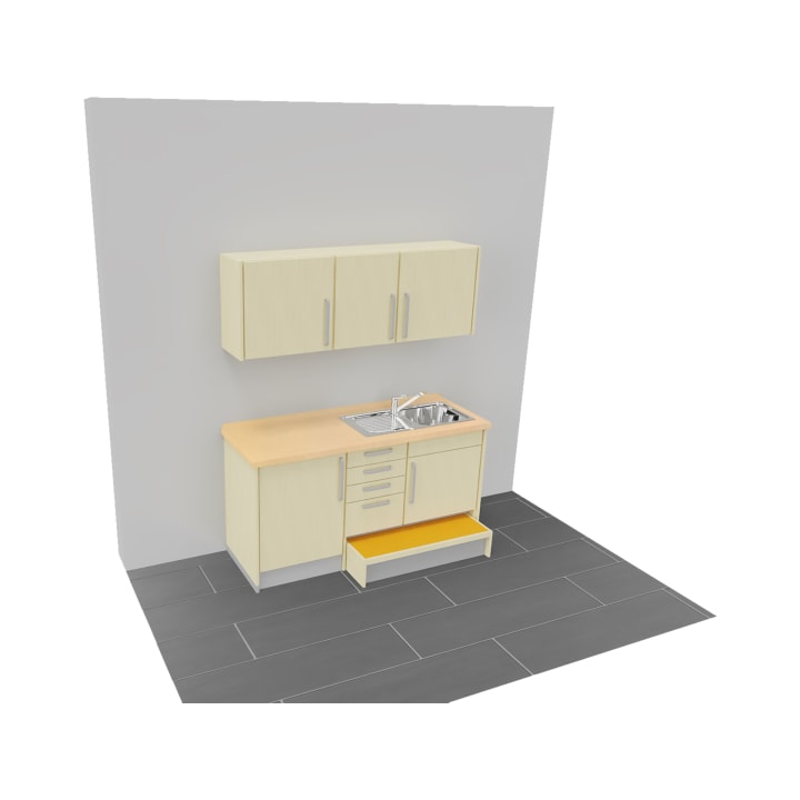 Küchenblock für den Kita-Speiseraum, mit Kühlschrank und Edelstahlspüle ...